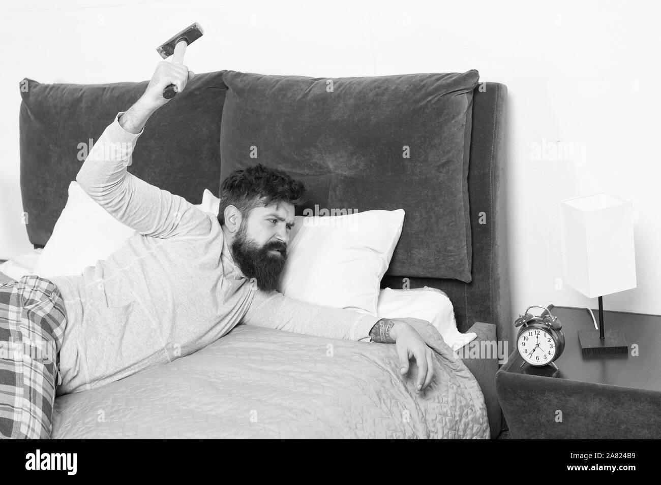 Angry man alarm clock Black and White Stock Photos & Images - Alamy