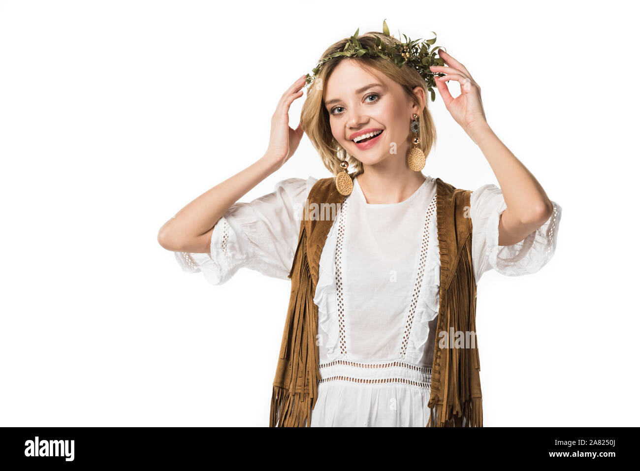 pretty hobo girl with wreath smiling at camera isolated on white Stock ...