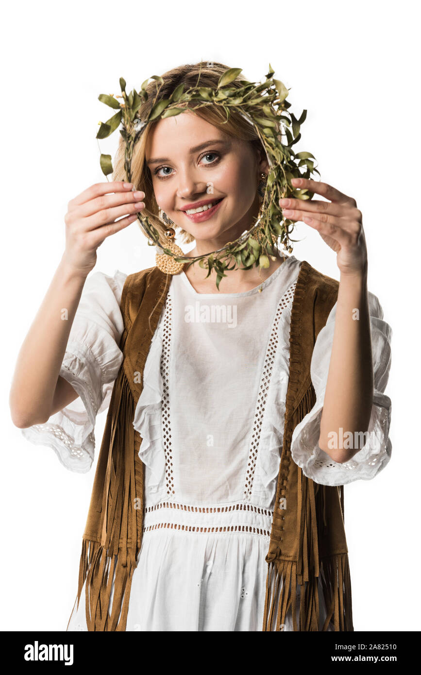pretty hobo girl with wreath smiling at camera isolated on white Stock ...