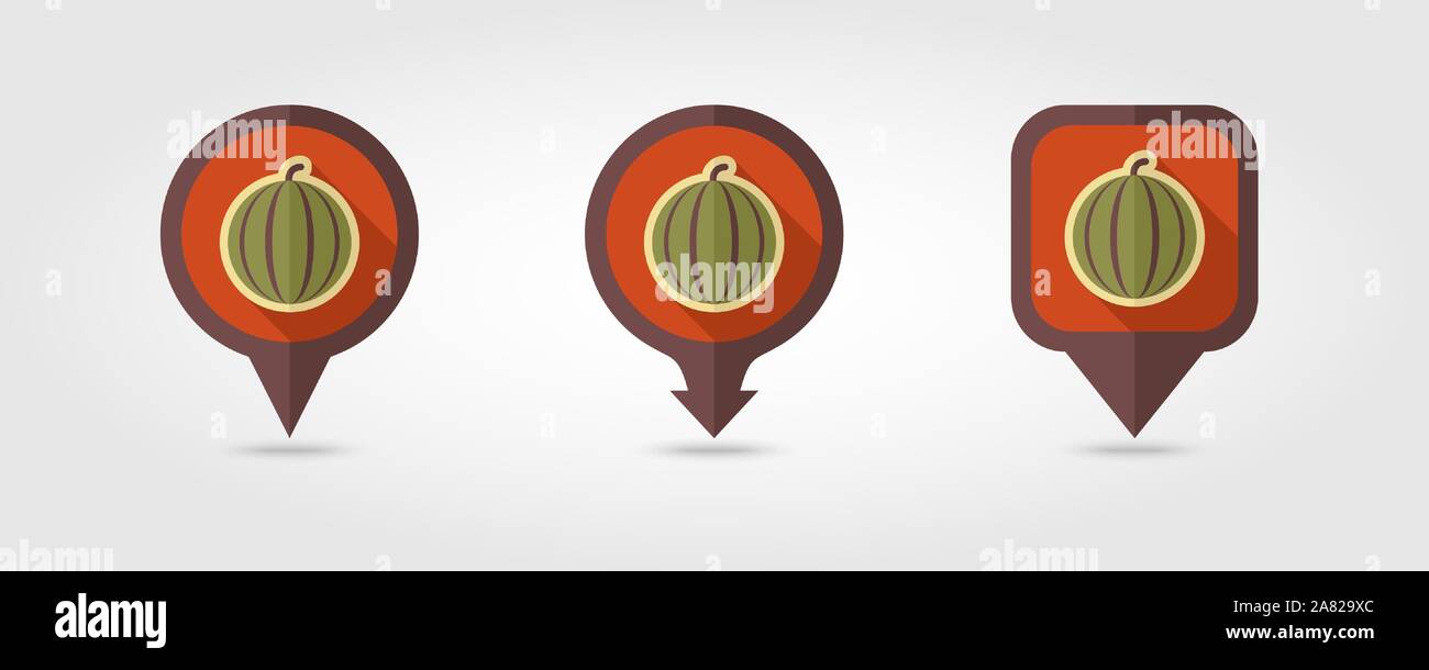 Watermelon flat vector pin map icon. Map pointer. Map markers. Agriculture sign. Graph symbol ...