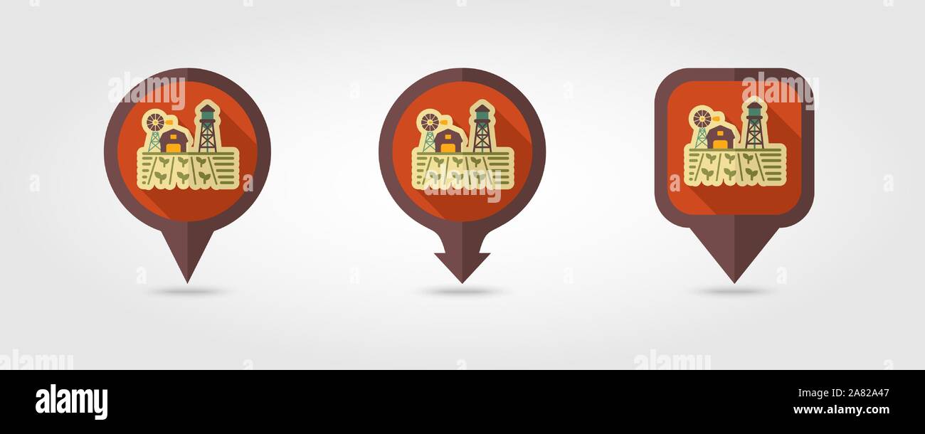 Farm landscape with barn, windpump, seedling and water tower flat ...