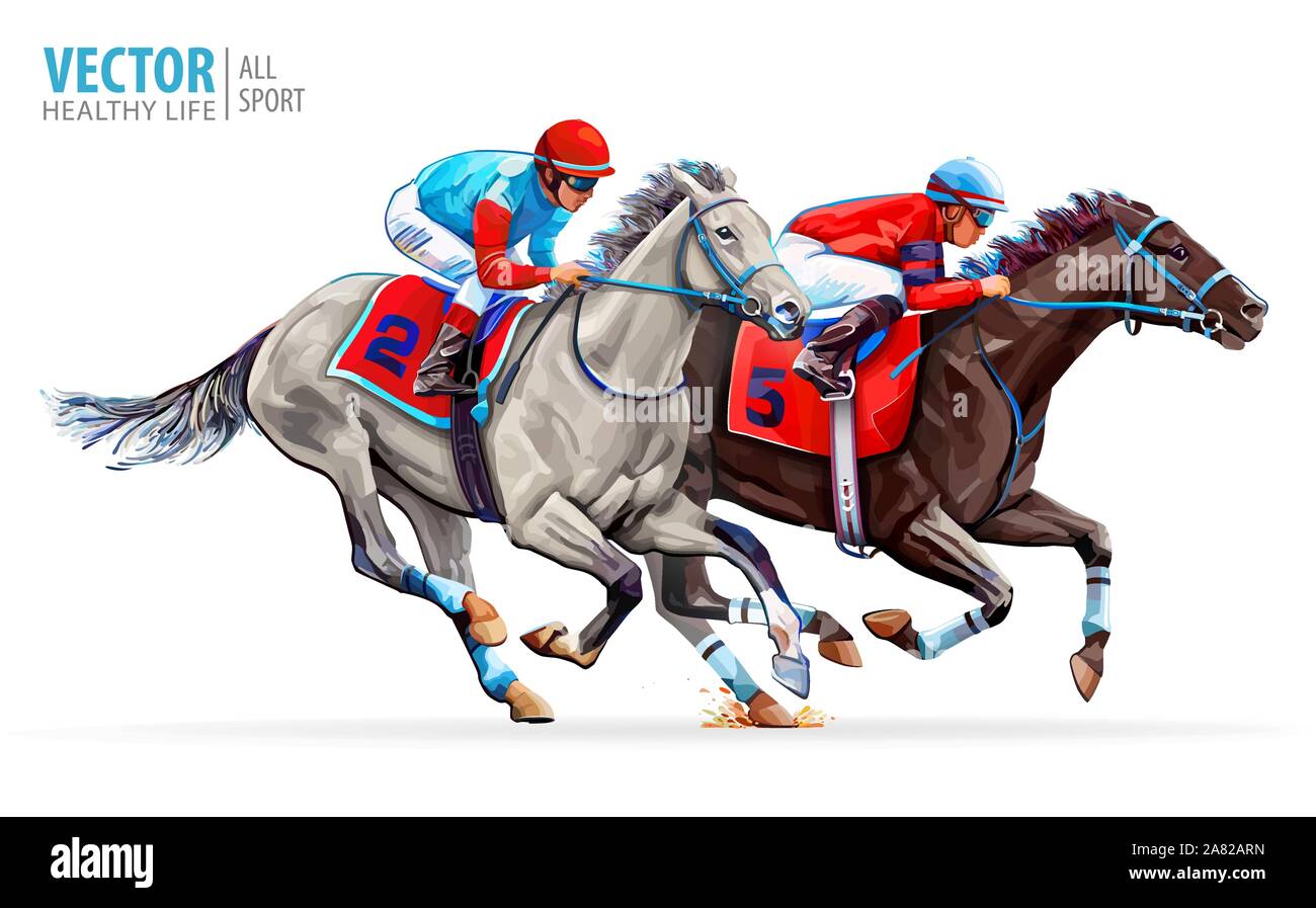 Two racing horses competing with each other. Hippodrome. Racetrack ...