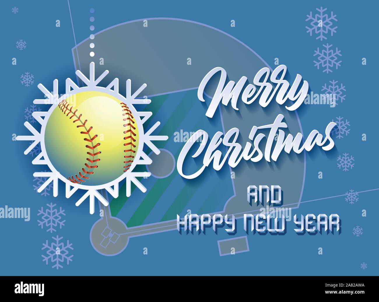 Merry Christmas and Happy New Year. Sports card with a Softball ball as ...