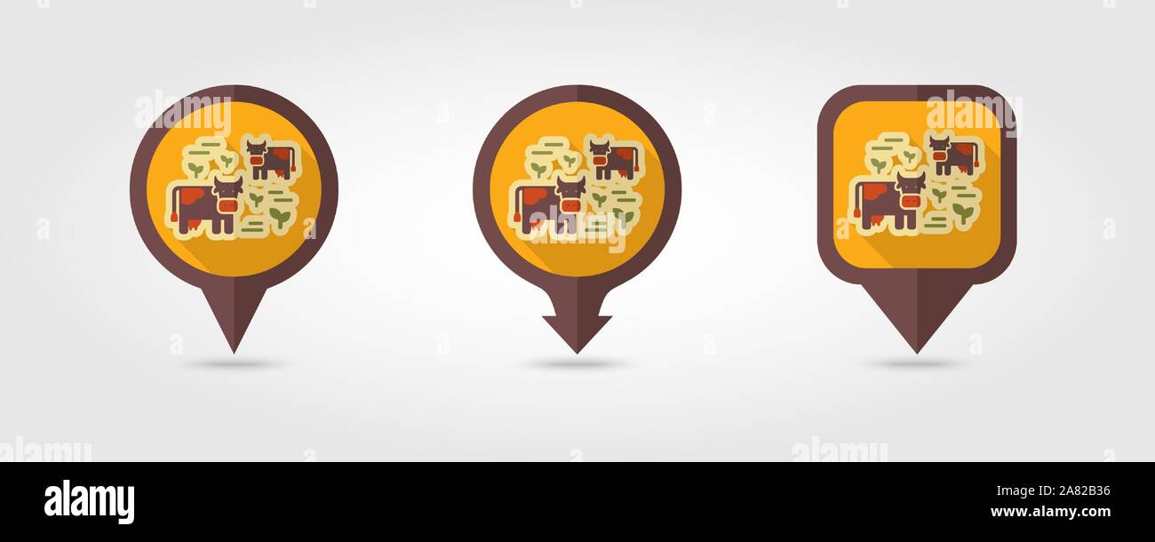 Cow on a pasture flat vector pin map icon. Map pointer. Map markers ...