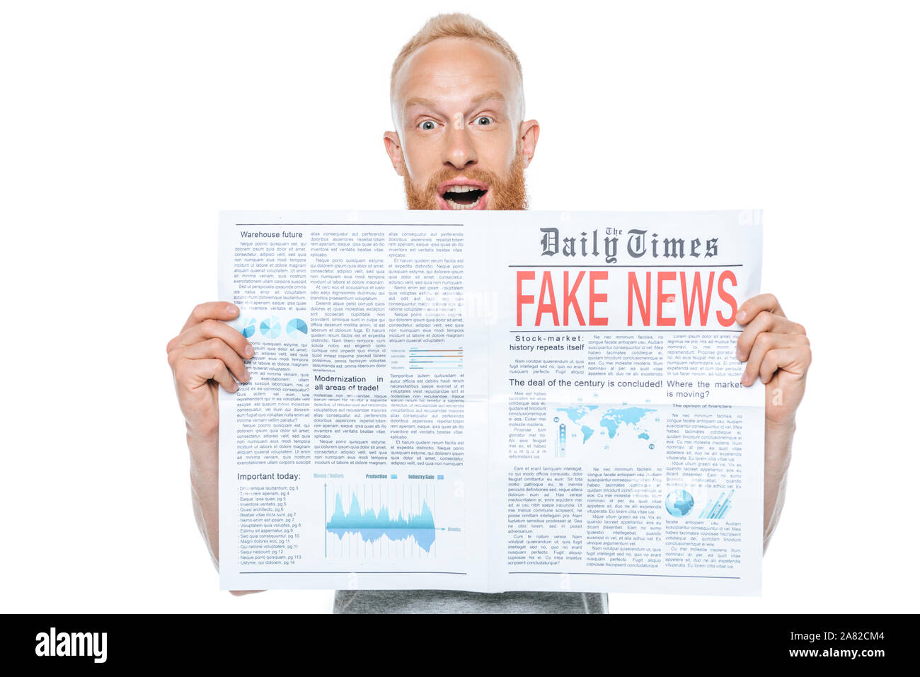 excited man reading newspaper with fake news, isolated on white Stock ...