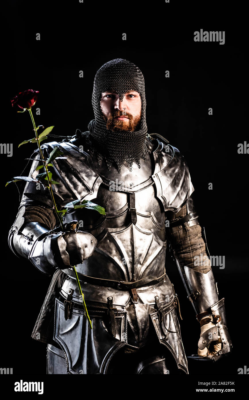 handsome knight in armor holding rose isolated on black Stock Photo - Alamy