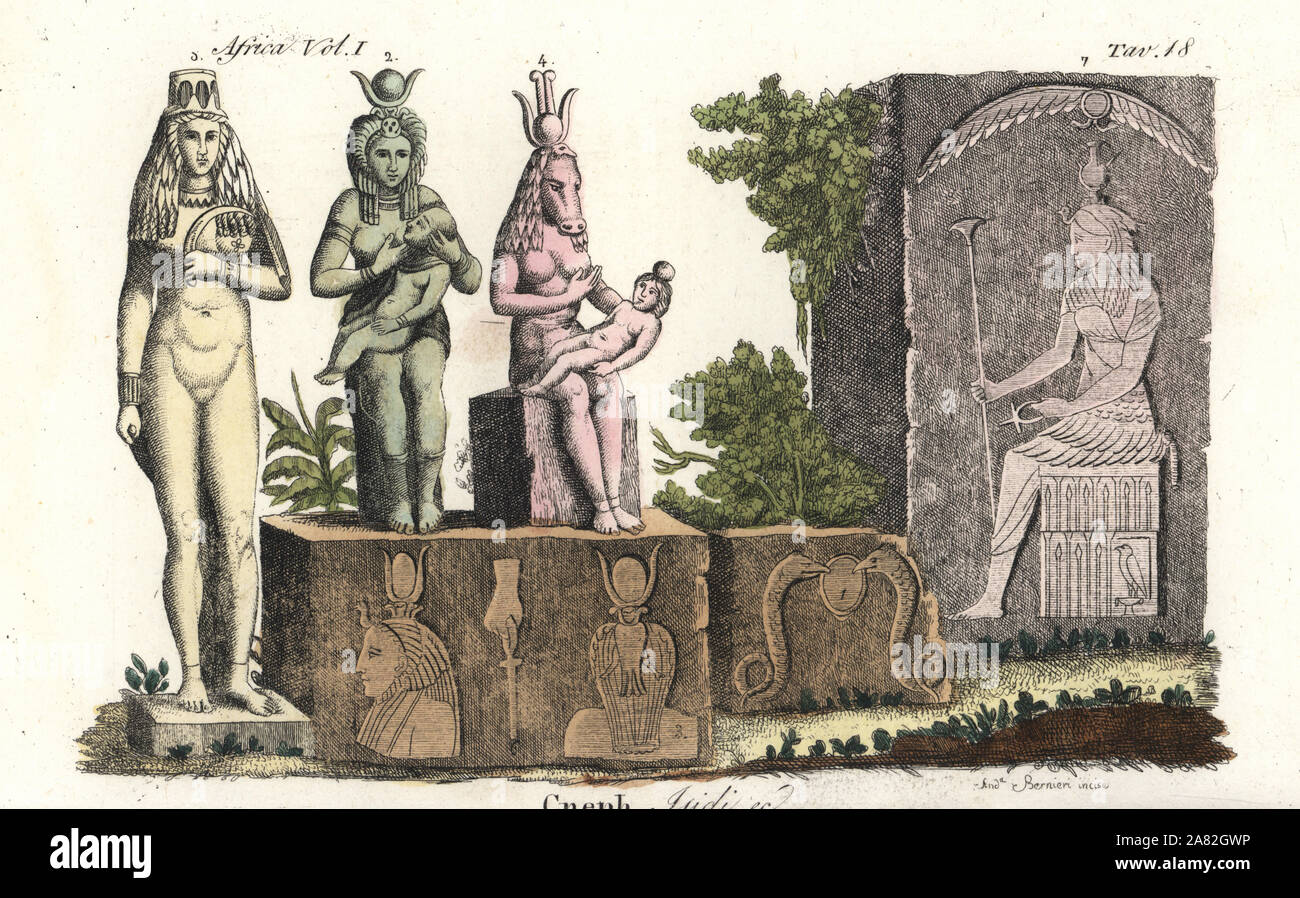 Statues of the Egyptian goddess Isis in different forms, Isis and Horus ...