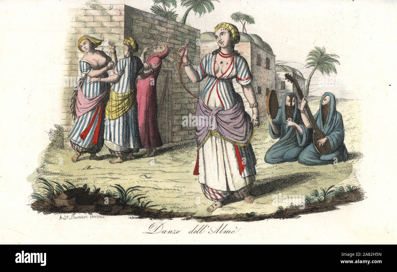 Egyptian alma or almeh dancing girls or belly-dancers accompanied by ...