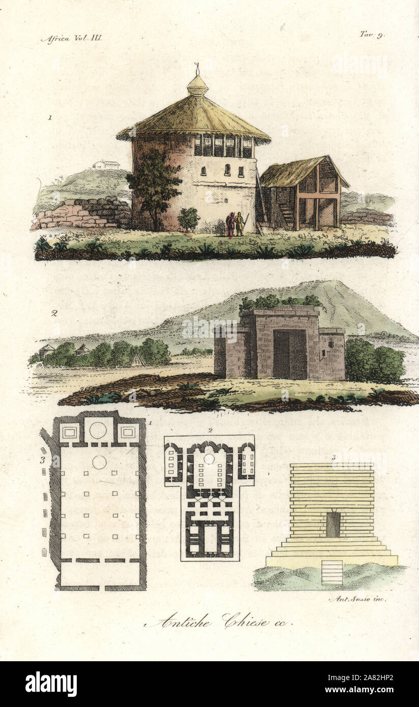 Ancient Christian churches in Abyssinia. Handcoloured copperplate ...
