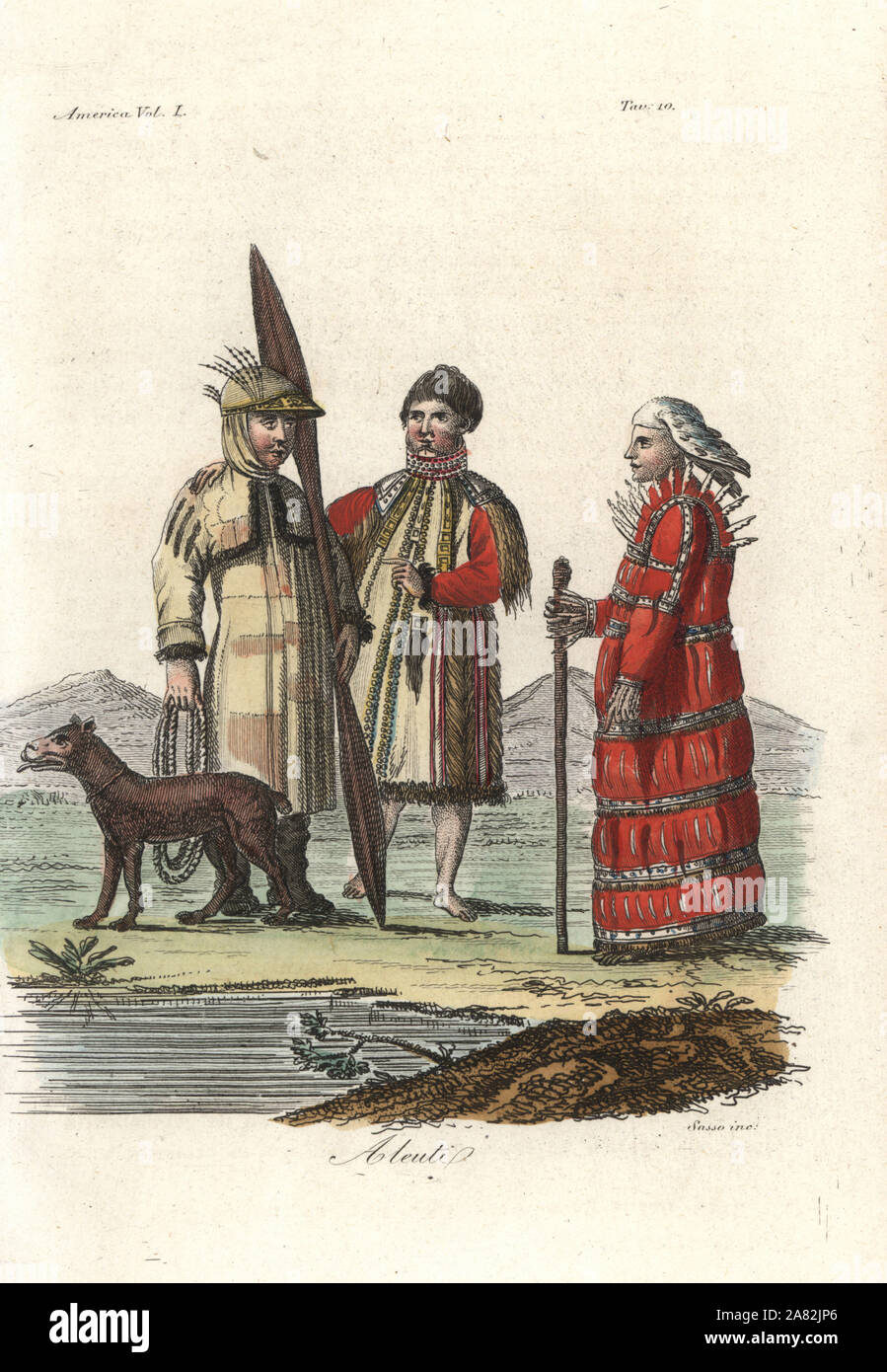 Natives of the Aleutian Islands, hunter in sealskins with kayak oar and ...