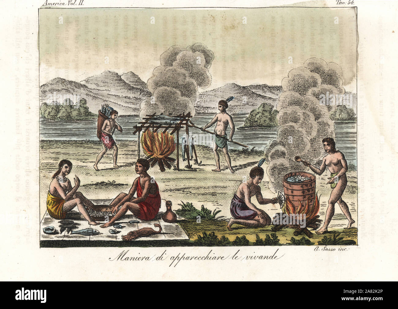 Native Americans grilling and roasting fish, boiling meat with hominy ...