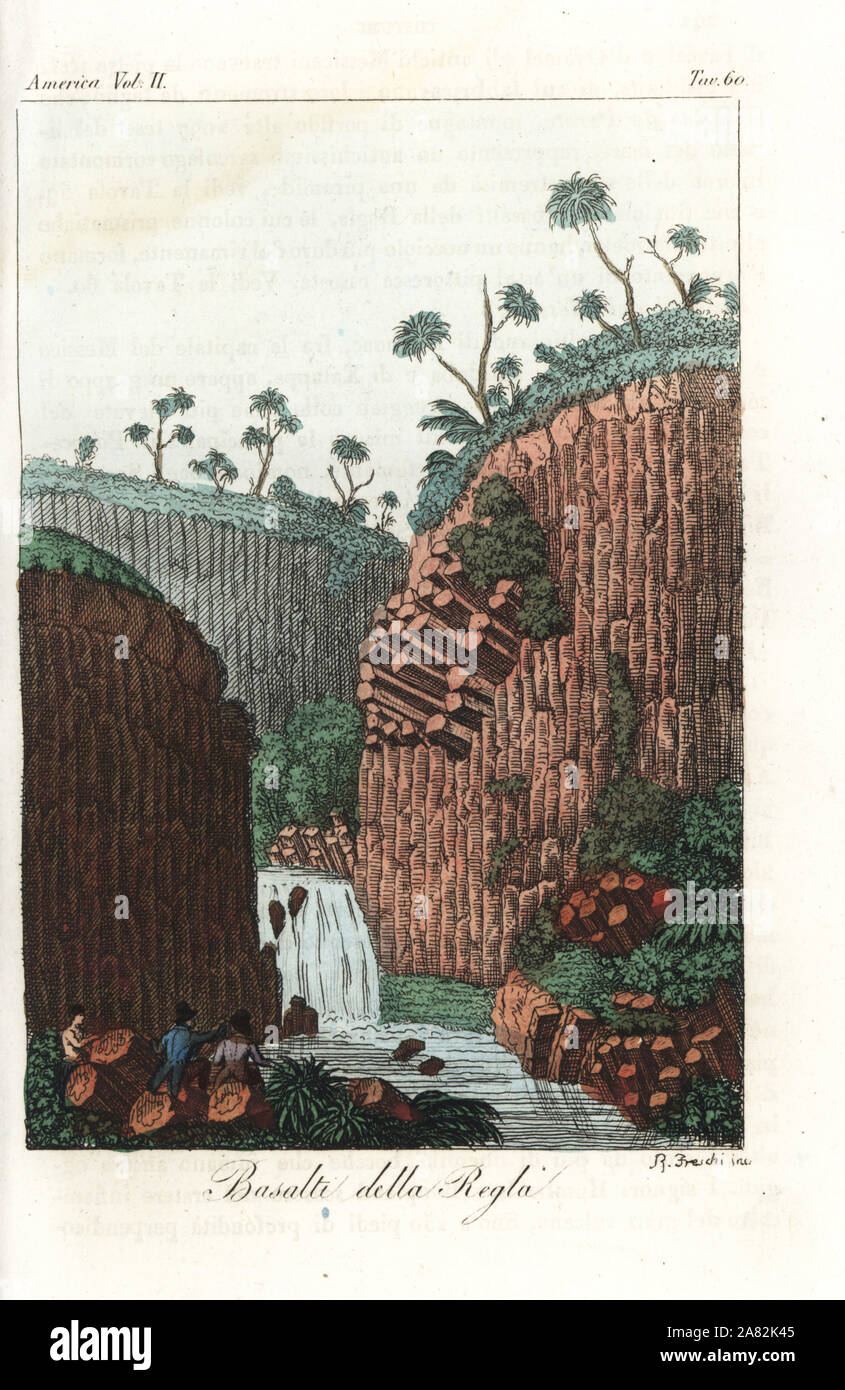 Basalt cliffs in Mexico. Handcoloured copperplate engraving by Roberto ...