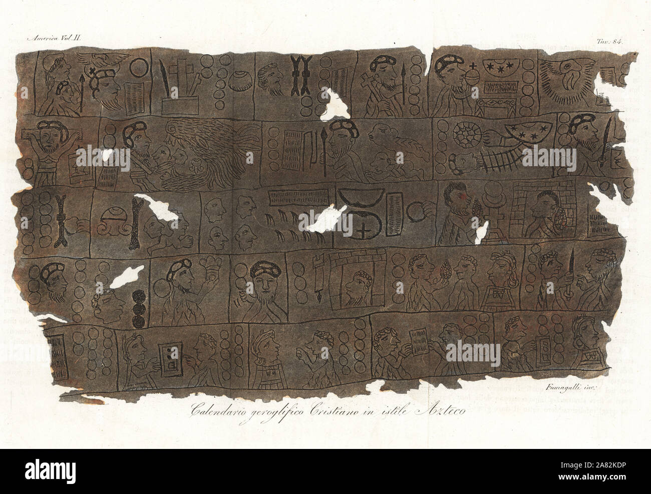 Hieroglyphic Christian calendar on an Aztec stele. Handcoloured ...
