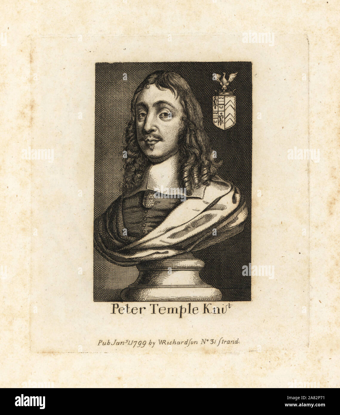 Sir Peter Temple, bust with coat of arms, 1658. Copperplate engraving ...