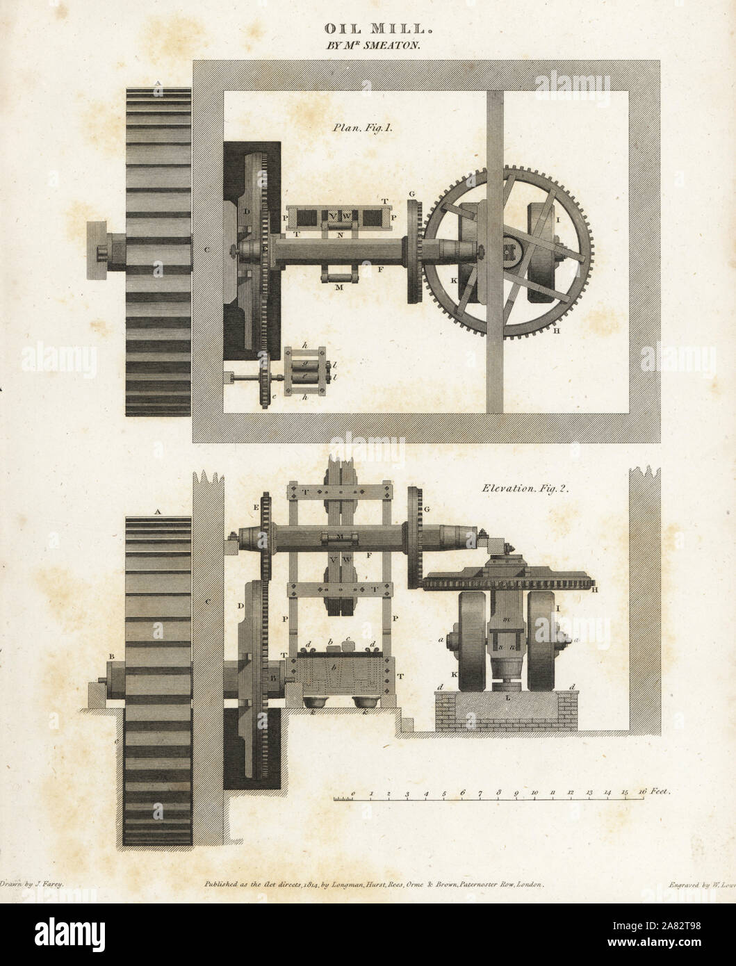 Plan and elevation of an oil mill designed by John Smeaton, early 19th ...