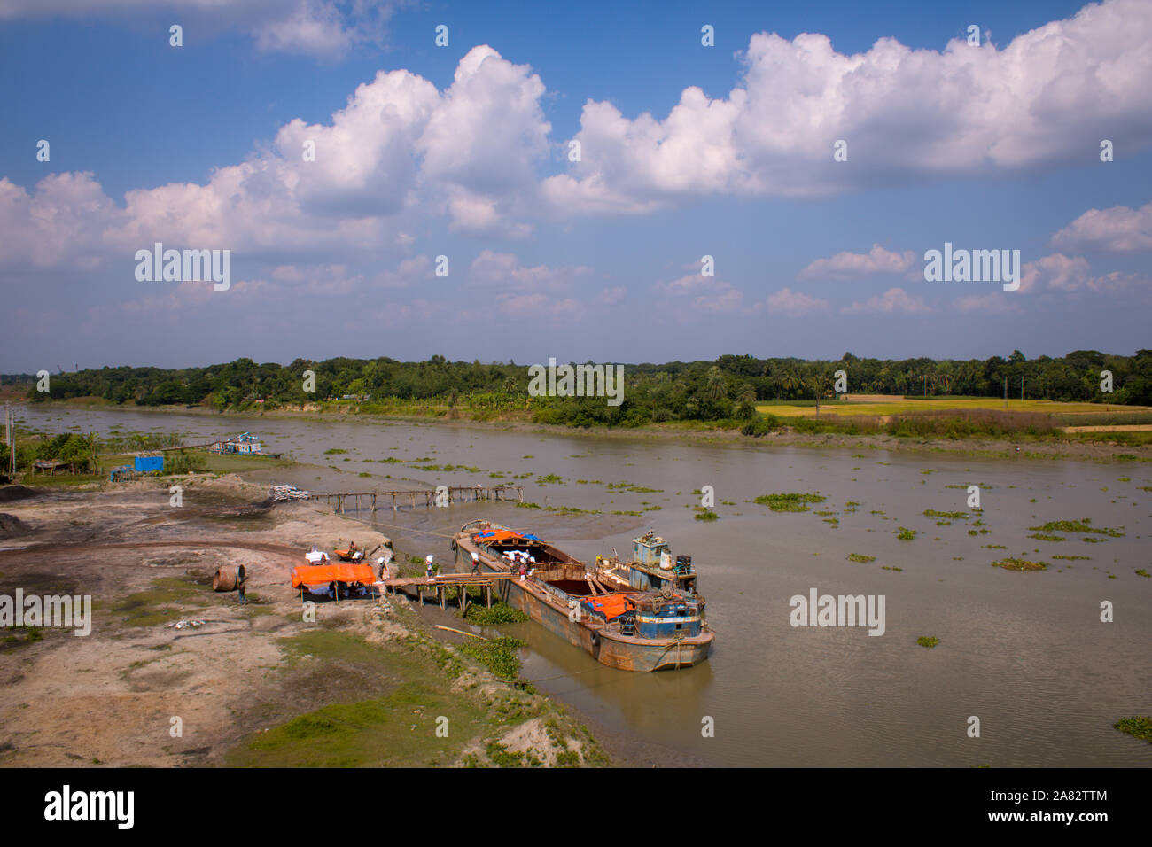 Aerial and landscape view from the flyover or a bridge, A big river ...