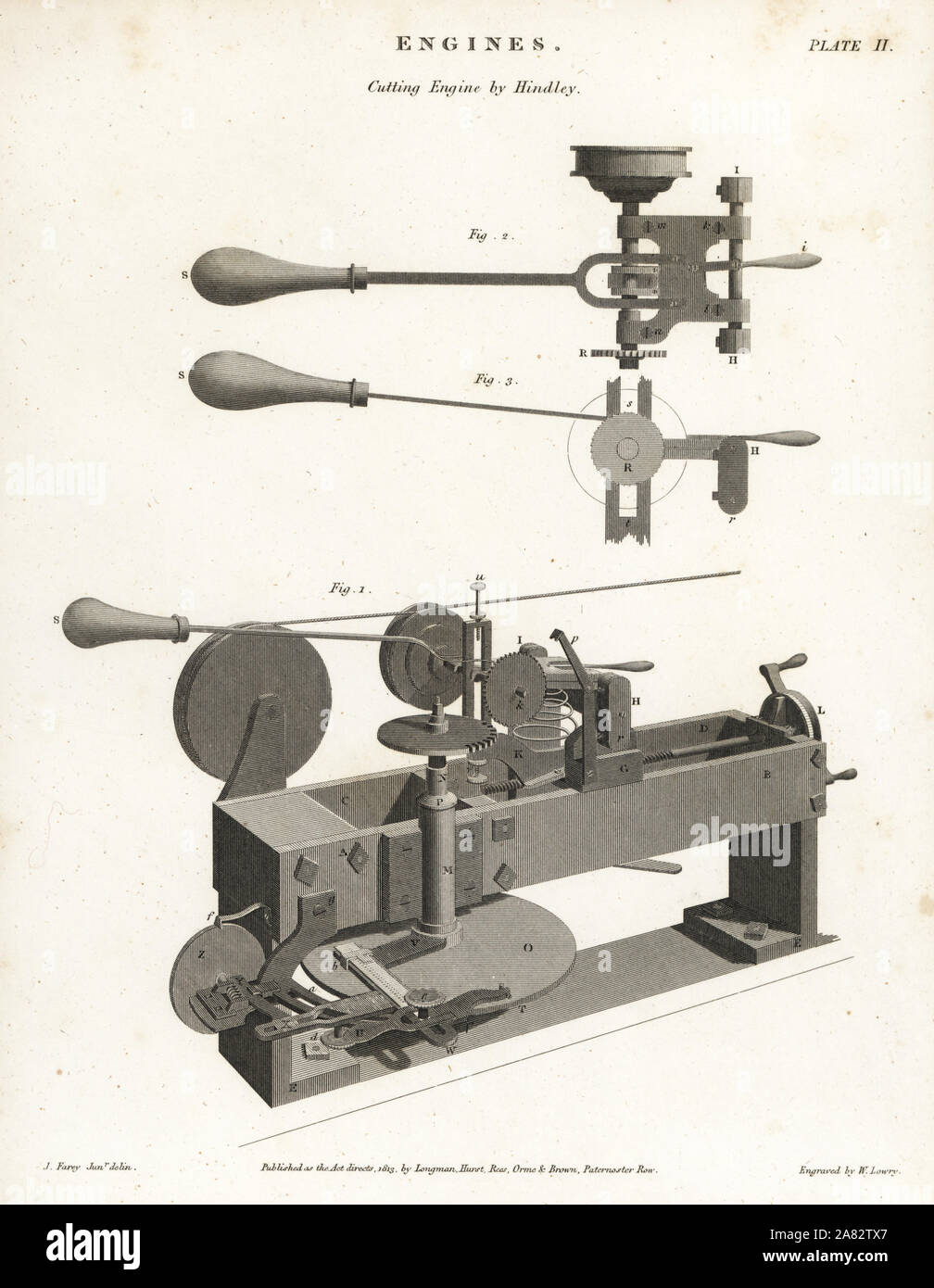 Henry Hindley's cutting engine, 18th century. Copperplate engraving by ...