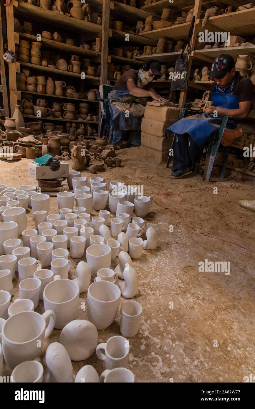 Two young men making pottery in a workshop in San Antonio Palopó ...