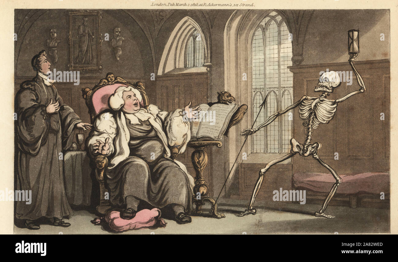 The skeleton of Death comes for the Bishop in the abbey, as he reads ...