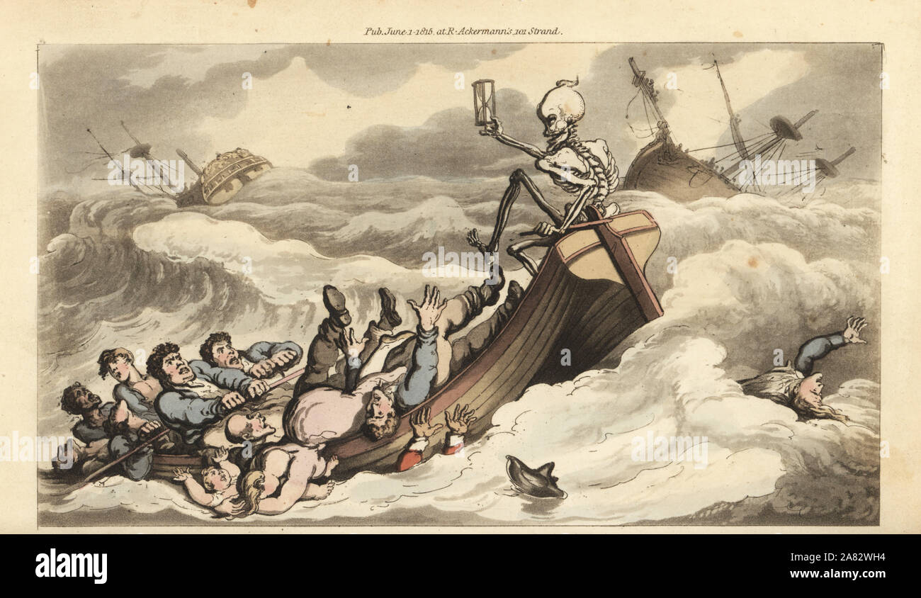 The skeleton of Death holds the rudder on a rowboat escaping a ...
