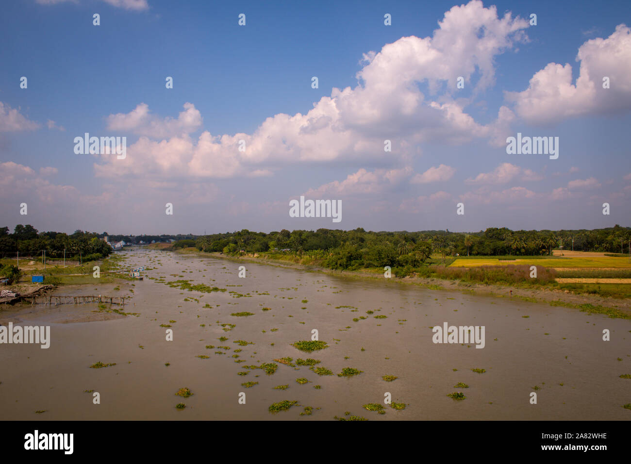 Aerial and landscape view from the flyover or a bridge, A big river ...