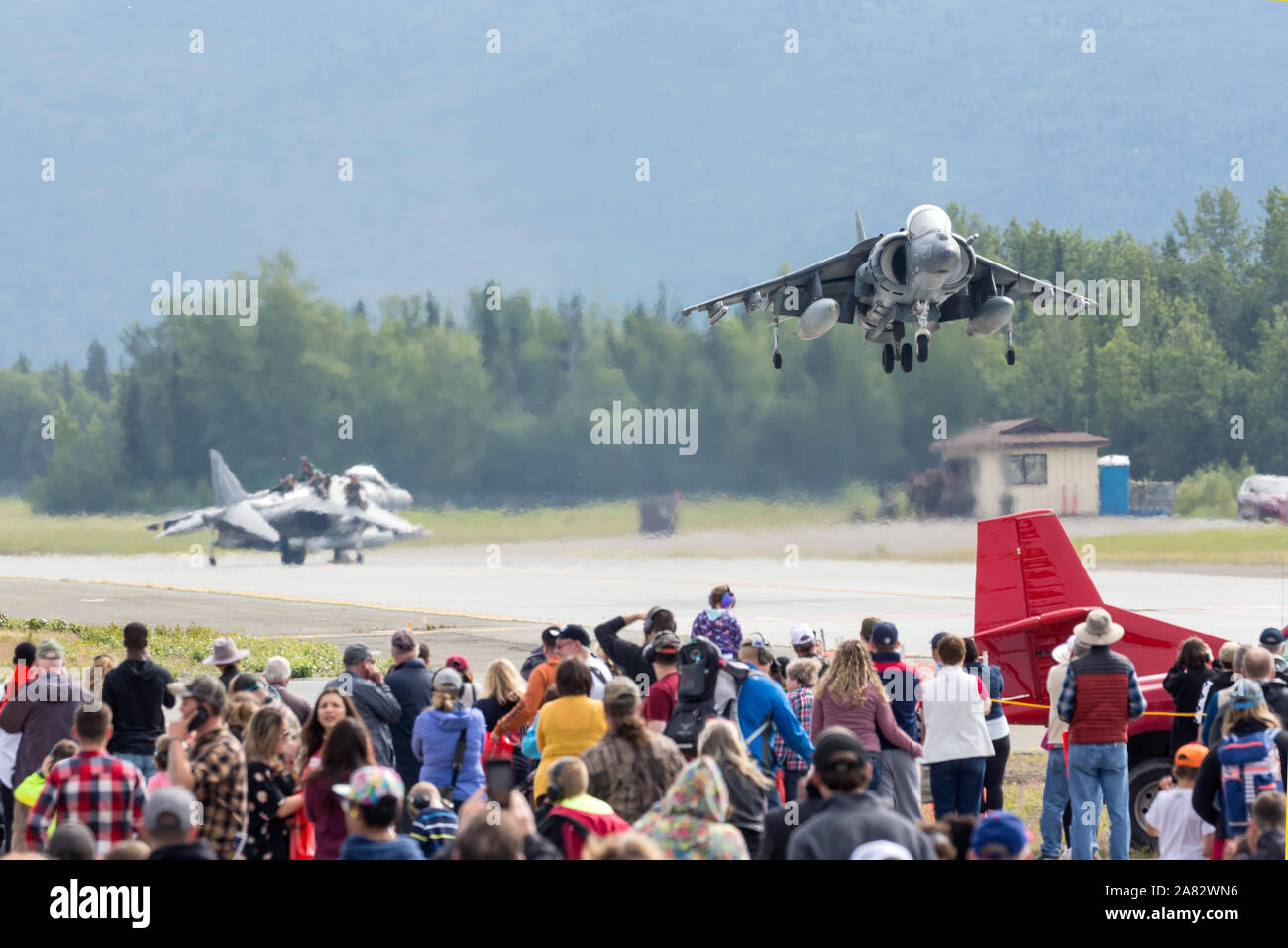 A United States Marine Corps AV-8B Harrier performs a demo at the 2018 ...
