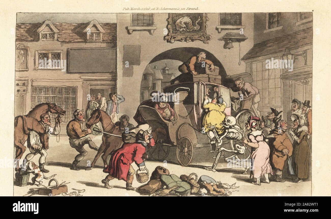 The skeleton of Death helps a large matron onto the fatal Last Stage ...