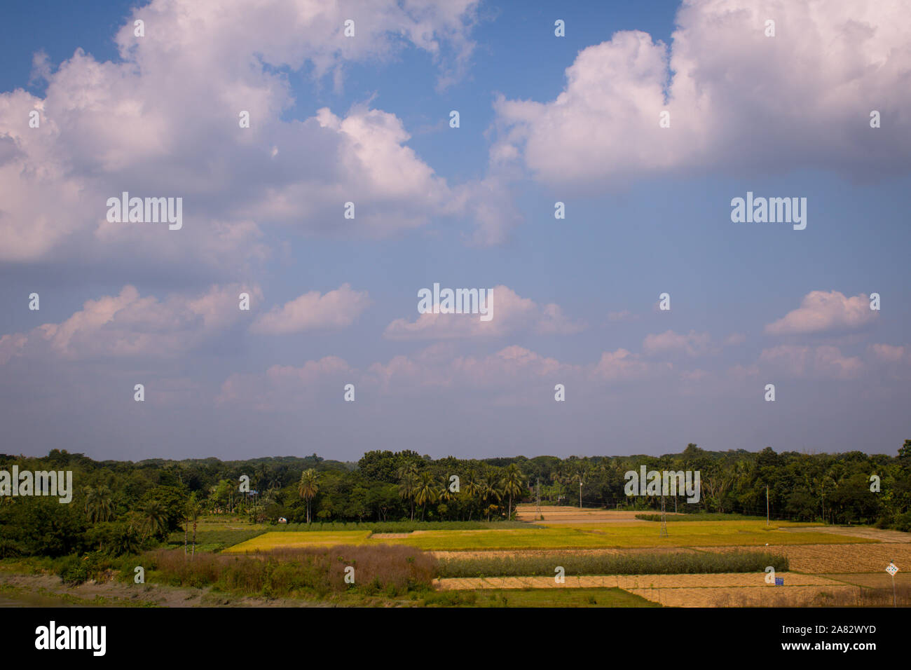Aerial and landscape view from the flyover or a bridge, Farmland after ...