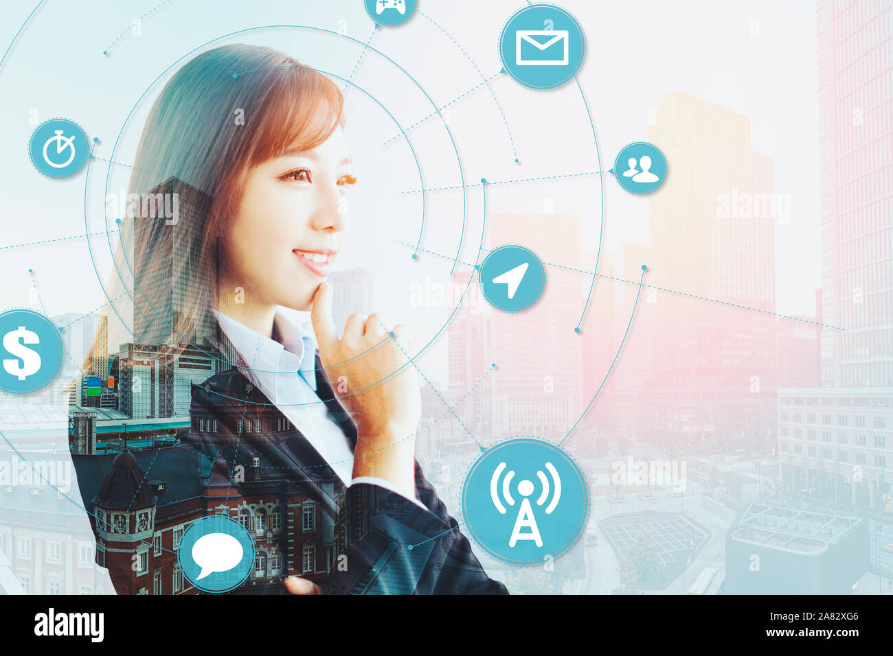side view of business woman thinking overlay with cityscape Stock Photo ...