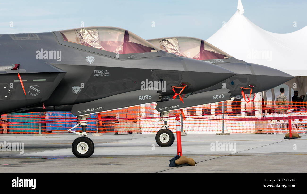 A United States Air Force F-35 Lightning II sits on static display at ...