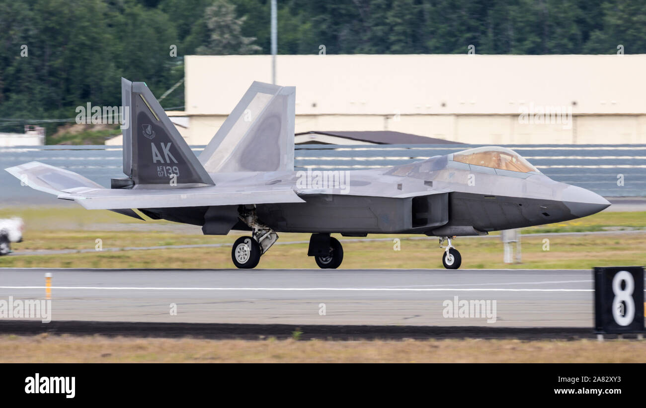 A United States Air Force F-22 Raptor performs at the 2018 Arctic ...