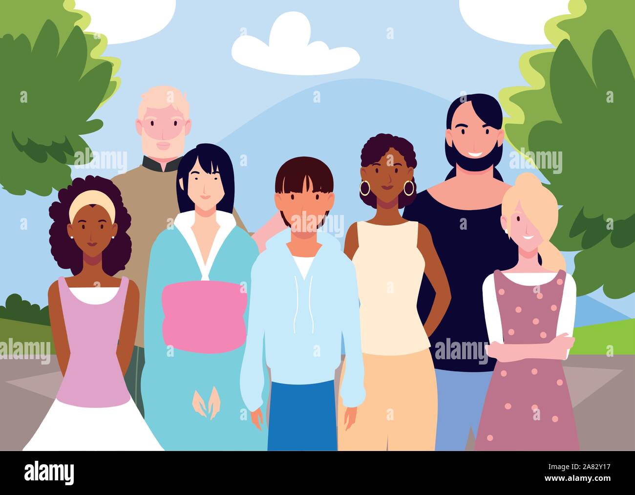group of people with background landscape vector illustration design ...