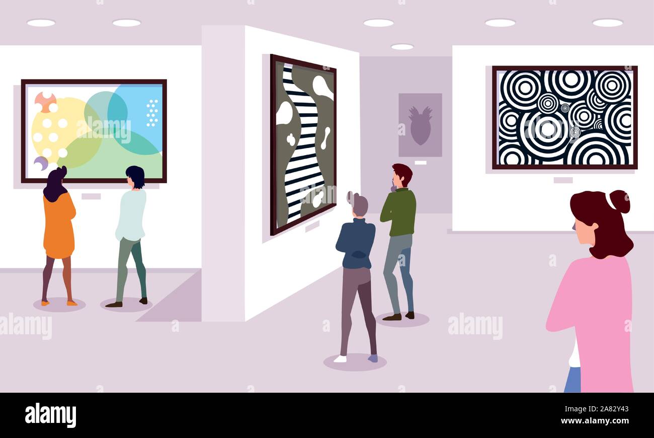 group of people in contemporary art gallery, exhibition visitors ...