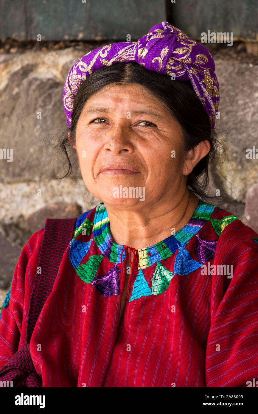 Portrait of a Mayan woman in traditional dress in Santa Cruz la Laguna ...