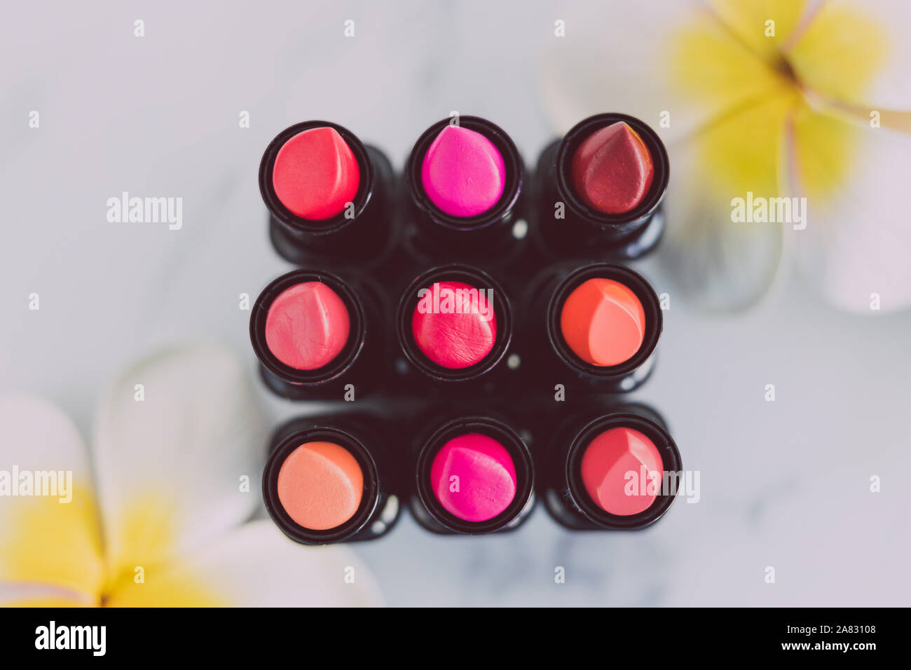 make-up and beauty industry still-life with group of colorful lipsticks ...