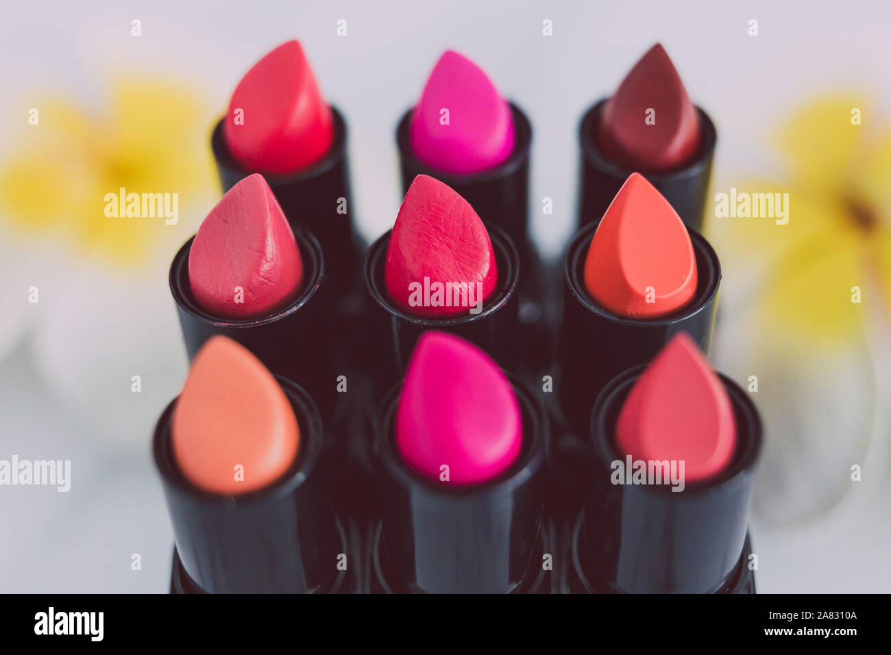 make-up and beauty industry still-life with group of colorful lipsticks ...