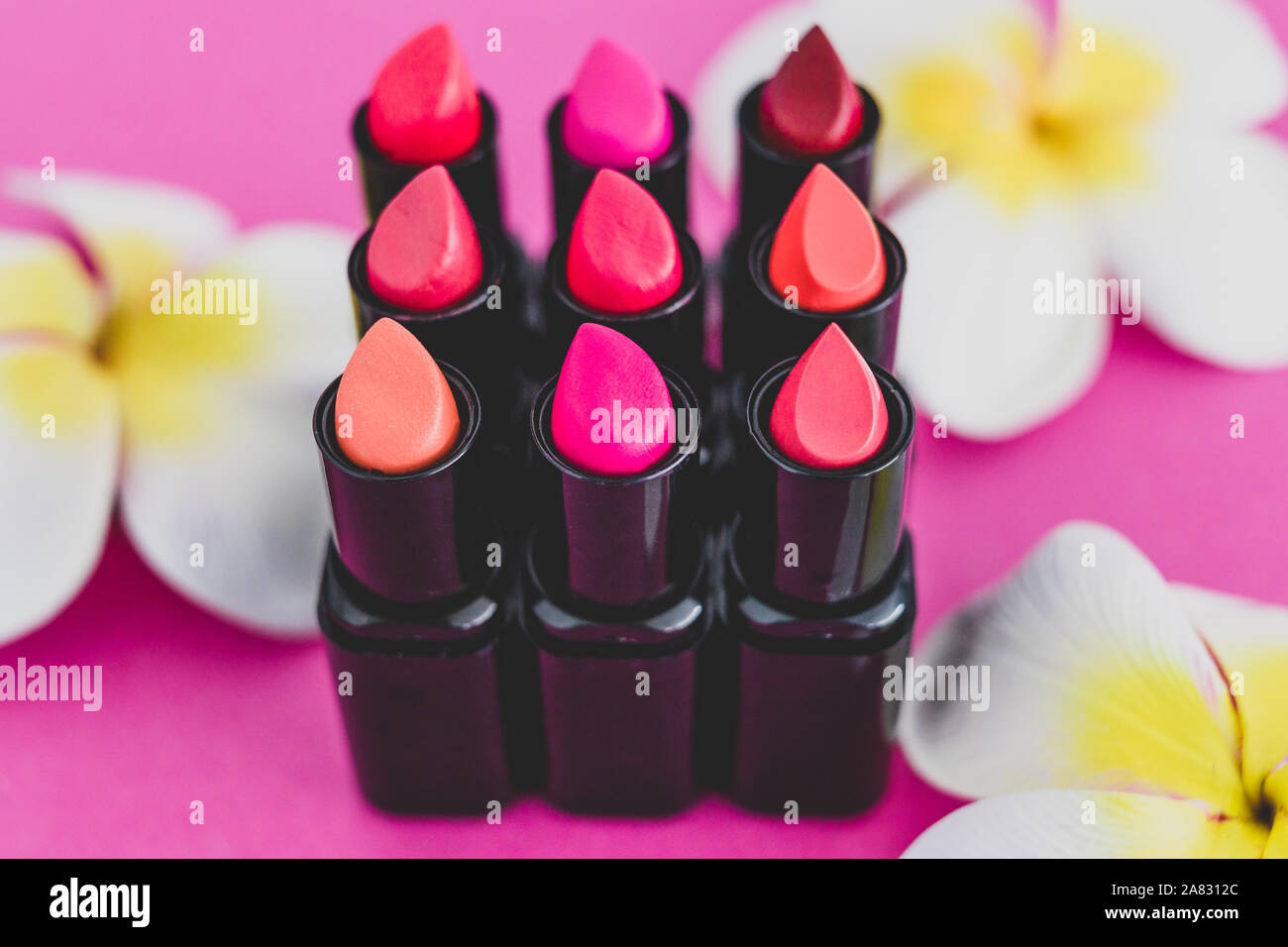 make-up and beauty industry still-life with group of colorful lipsticks ...
