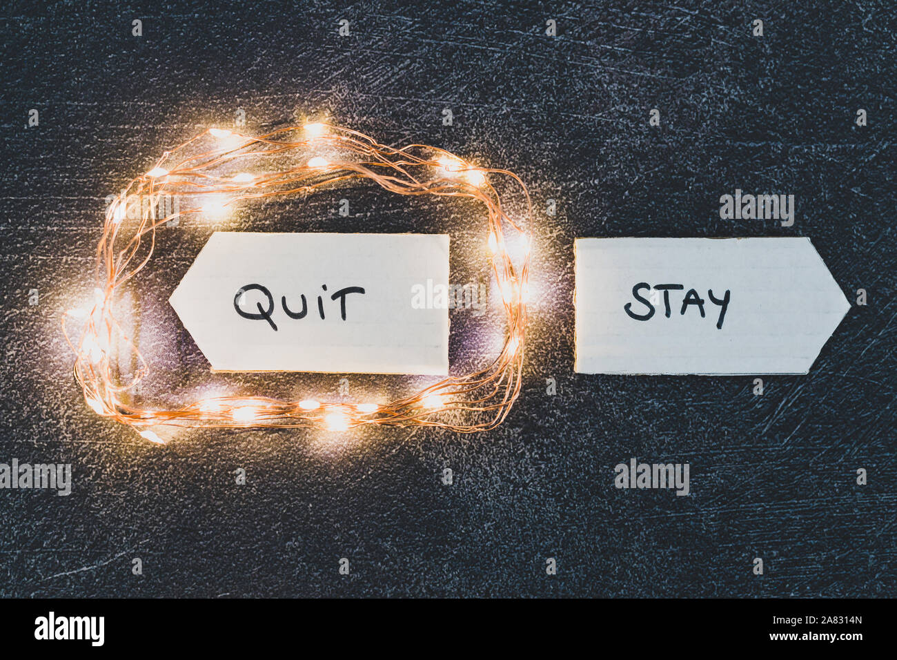 changing job conceptual still-life, stay vs quit text on signs pointing ...