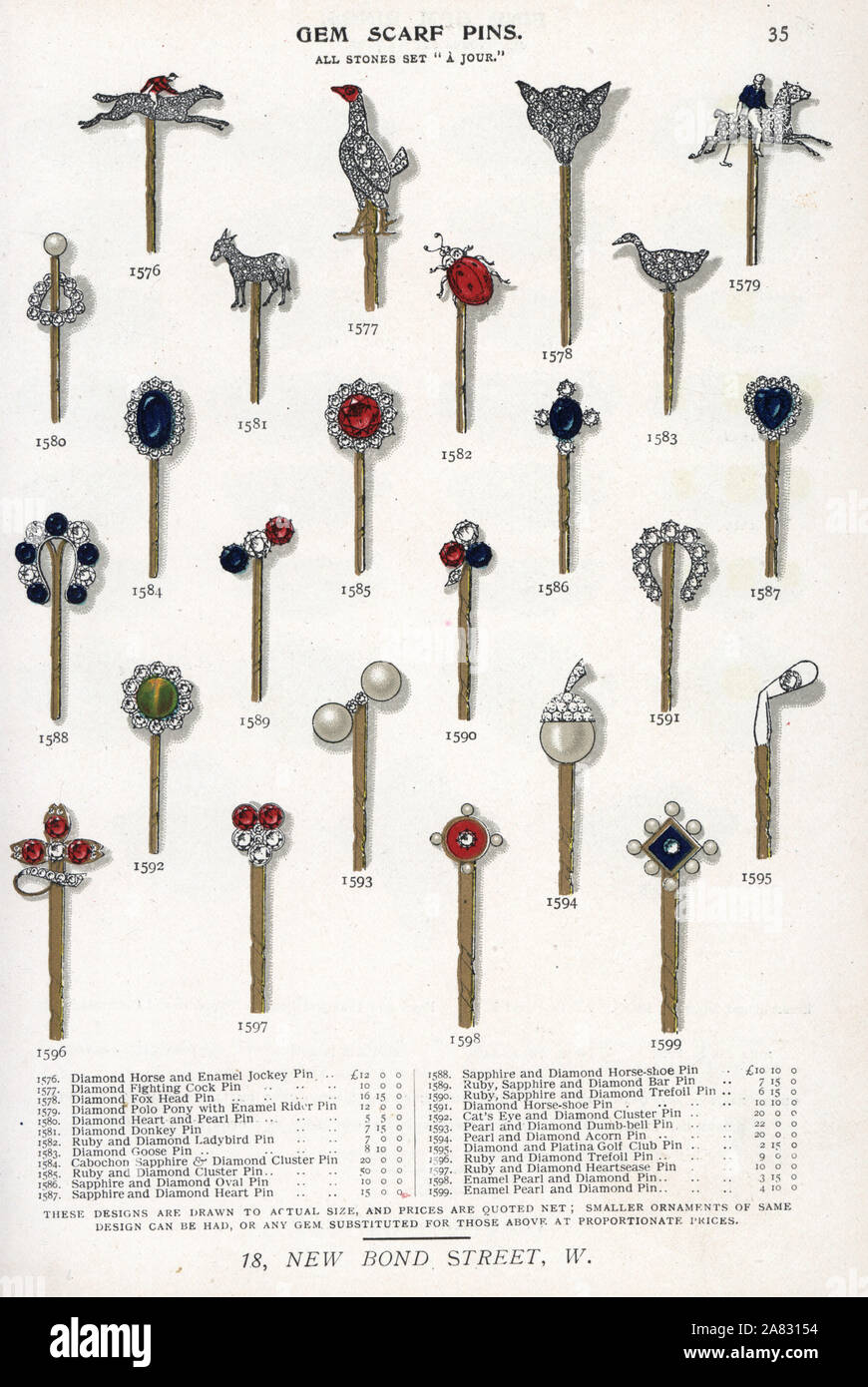 Gem scarf pins with diamond, ruby, sapphire, pearl, and cat's eye ...