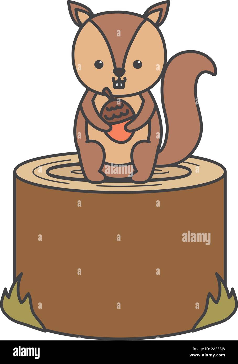 cute squirrel with acorn sitting on trunk forest hello autumn vector ...