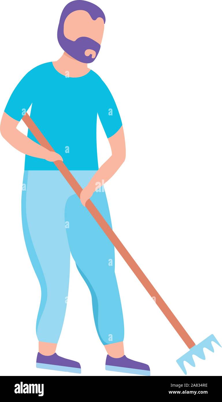 man with rake, tool of garden on white background vector illustration ...