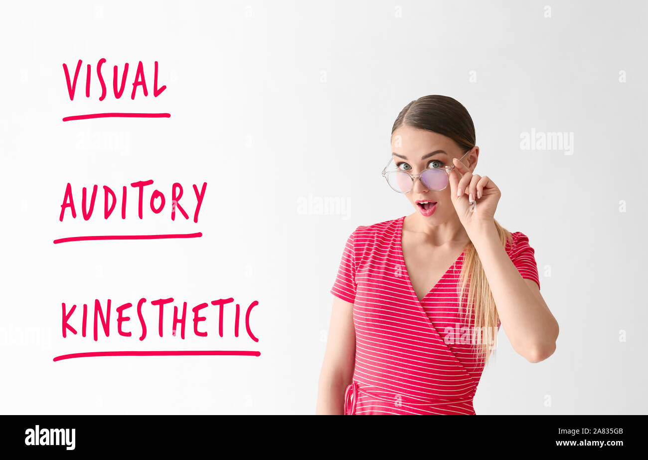 Surprised young woman and listed types of neuro-linguistic programming ...