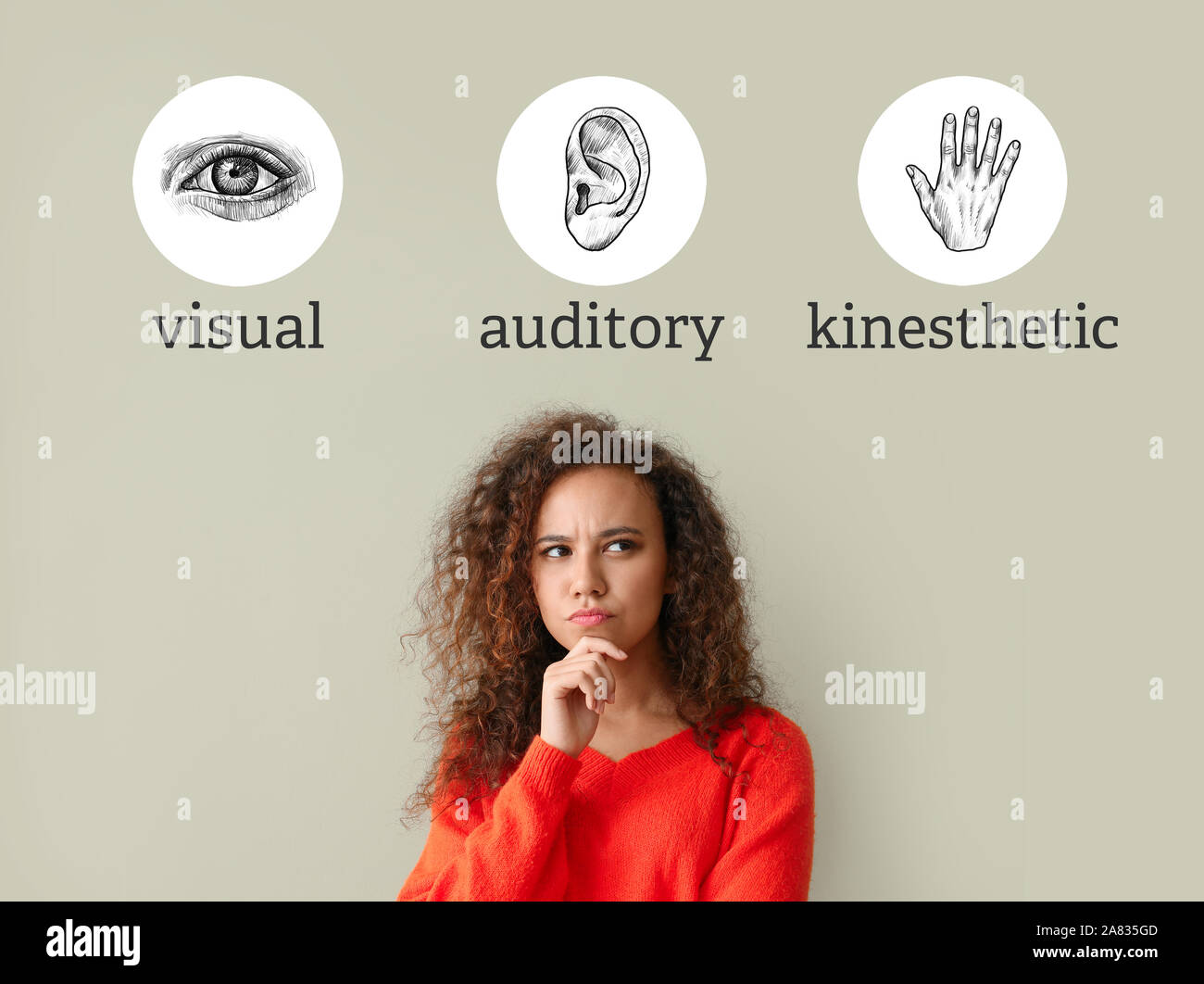 Thoughtful young African-American woman and listed types of neuro ...