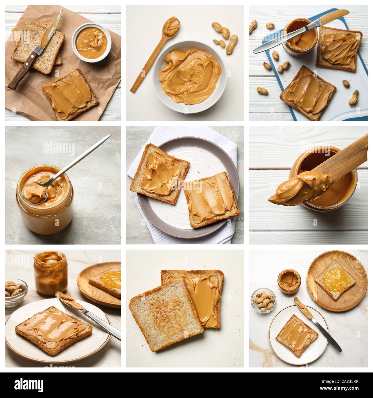 Collage with tasty peanut butter and toasts Stock Photo - Alamy