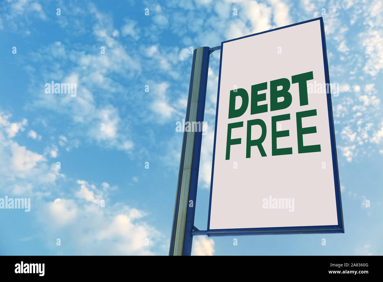 Road sign with text DEBT FREE against blue sky Stock Photo - Alamy