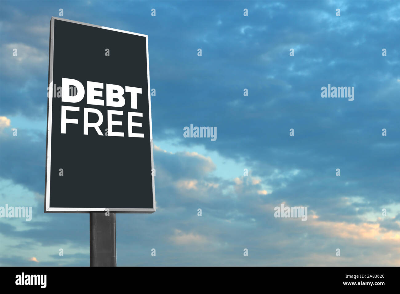 Road sign with text DEBT FREE against blue sky Stock Photo - Alamy