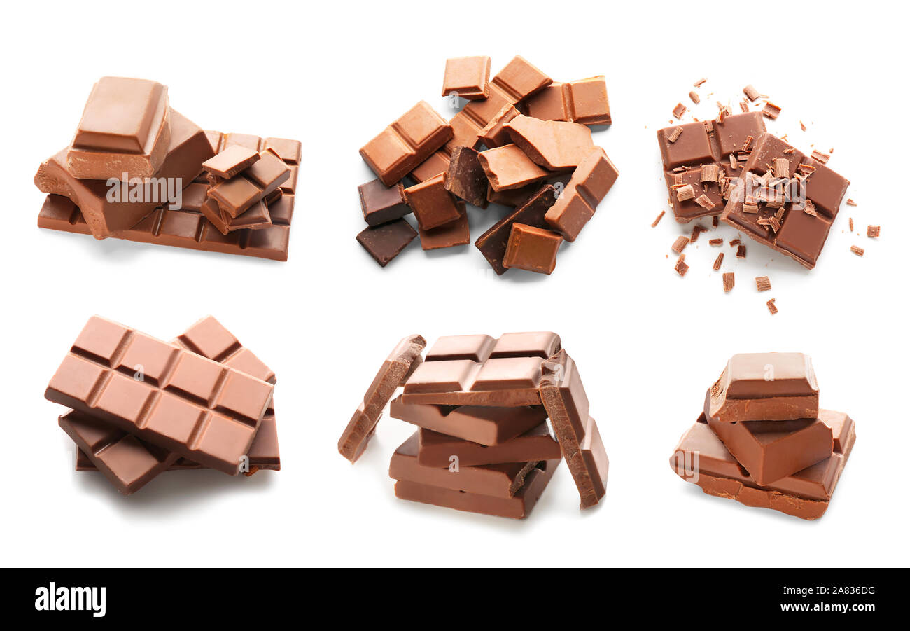 Different chocolate pieces on white background Stock Photo - Alamy