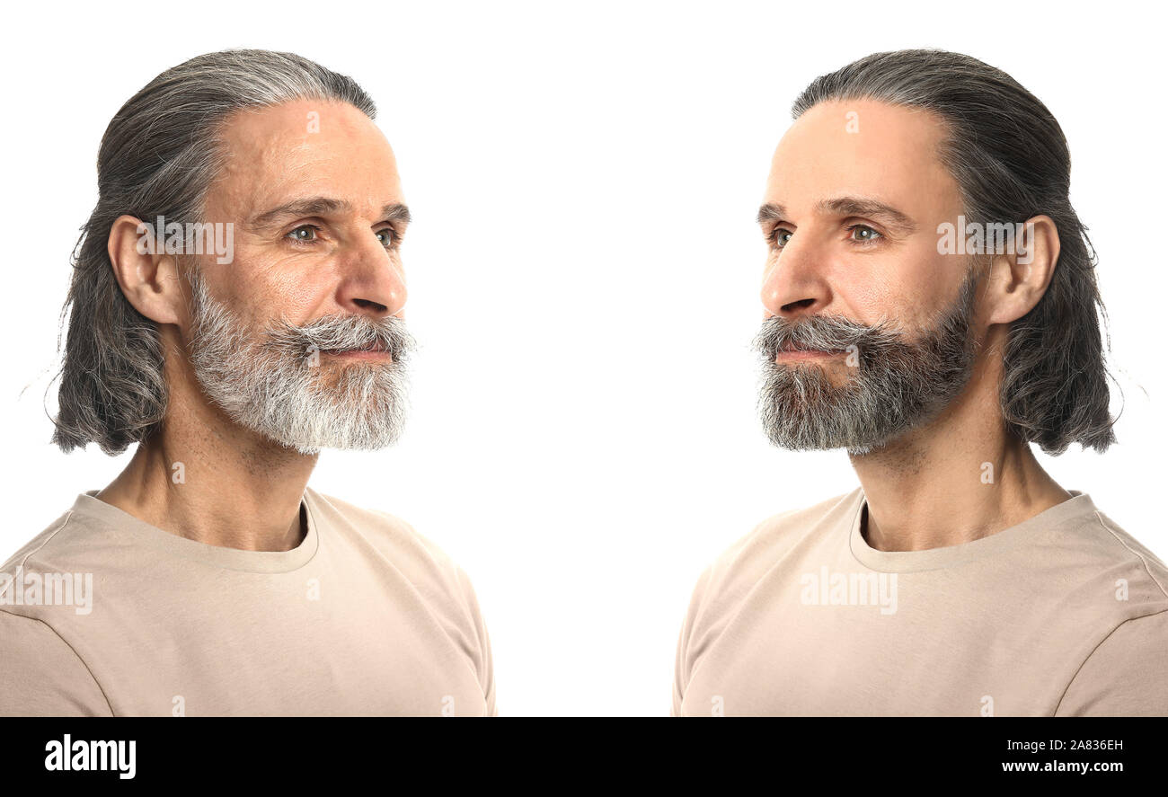 Comparison portrait of mature man on white background. Process of aging ...