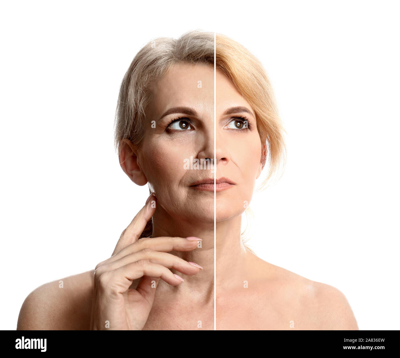 Comparison portrait of middle-aged woman on white background. Process ...
