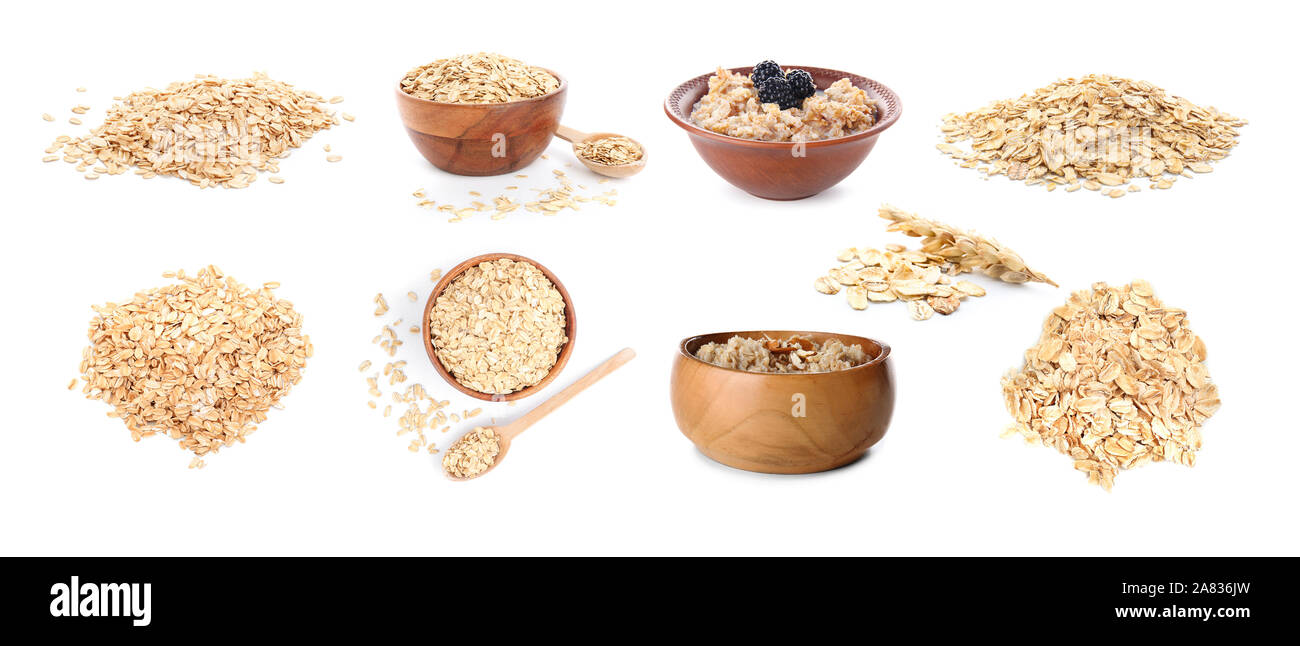 Collage with raw and cooked oatmeal on white background Stock Photo - Alamy